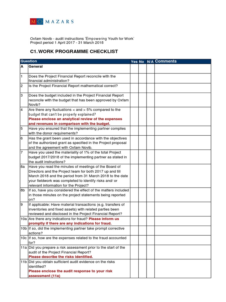 C1. Work Programme Checklist: Yes No N/A | PDF | Audit | Internal Control