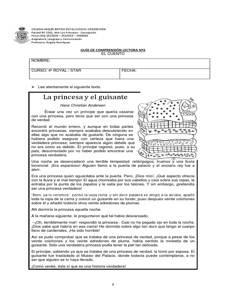 La princesa y el guisante: Guía De Comprensión Lectora Nº2