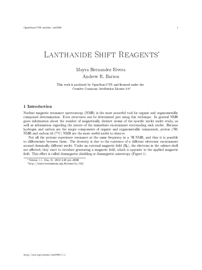 Lanthanide Shift Reagents 1 | PDF | Nuclear Magnetic Resonance Spectroscopy | Lanthanide