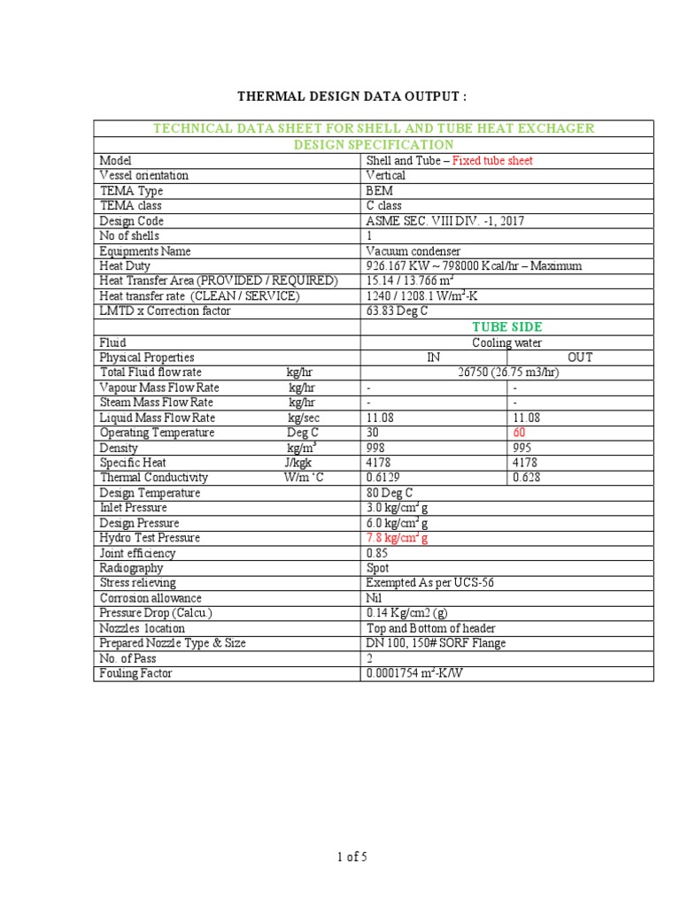 Technical Data Sheet For Shell and Tube Heat Exchager Design ...