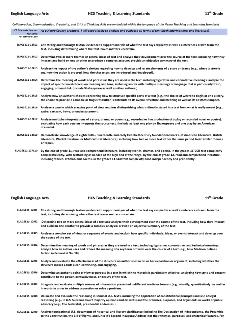 Henry County Teaching Learning Standards 11th Grade | PDF | Narrative ...
