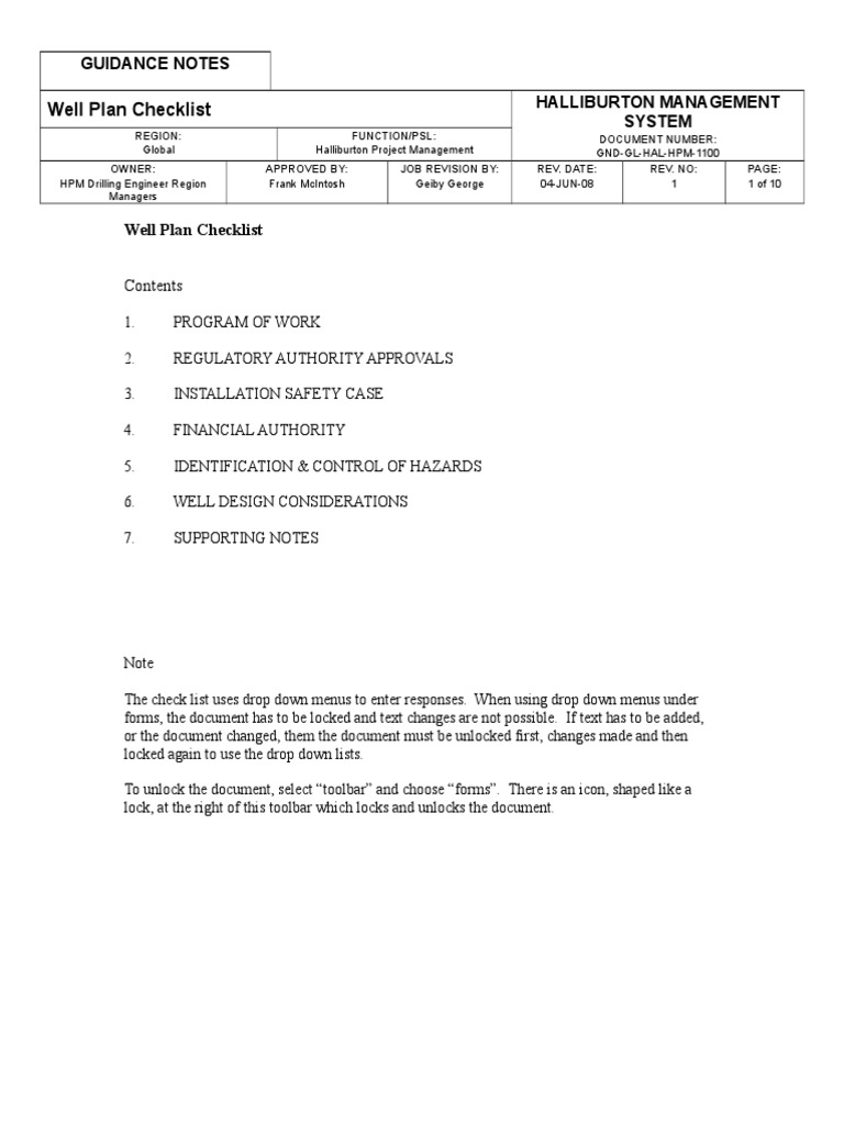 Well Plan Checklist: Guidance Notes Halliburton Management System ...