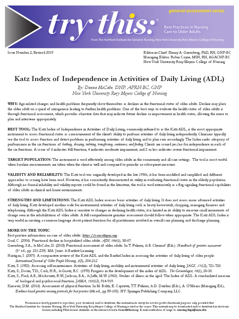 Katz Index of Independence in Activities of Daily Living (ADL ...