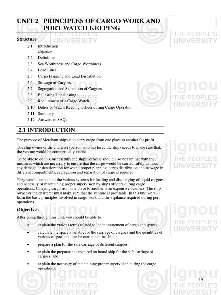 Unit 2 Principles of Cargo Work and Port Watch Keeping: Structure | PDF ...