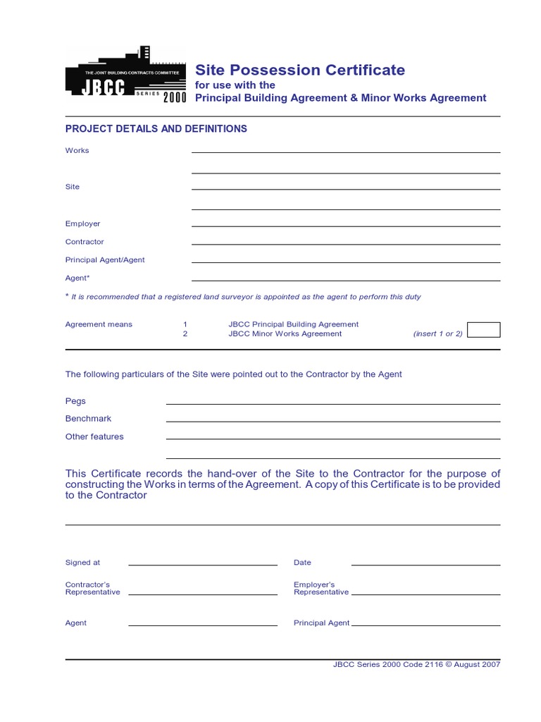 Site Possession Certificate: for use with the Principal Building ...