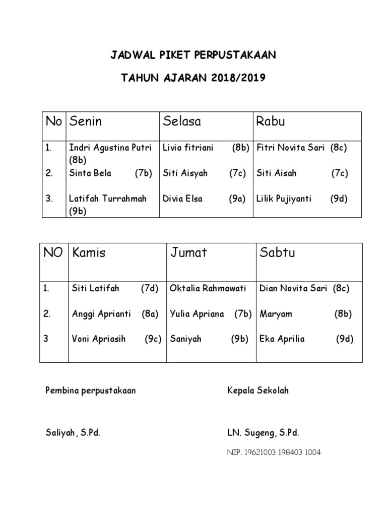Jadwal Piket Perpustakaan | PDF