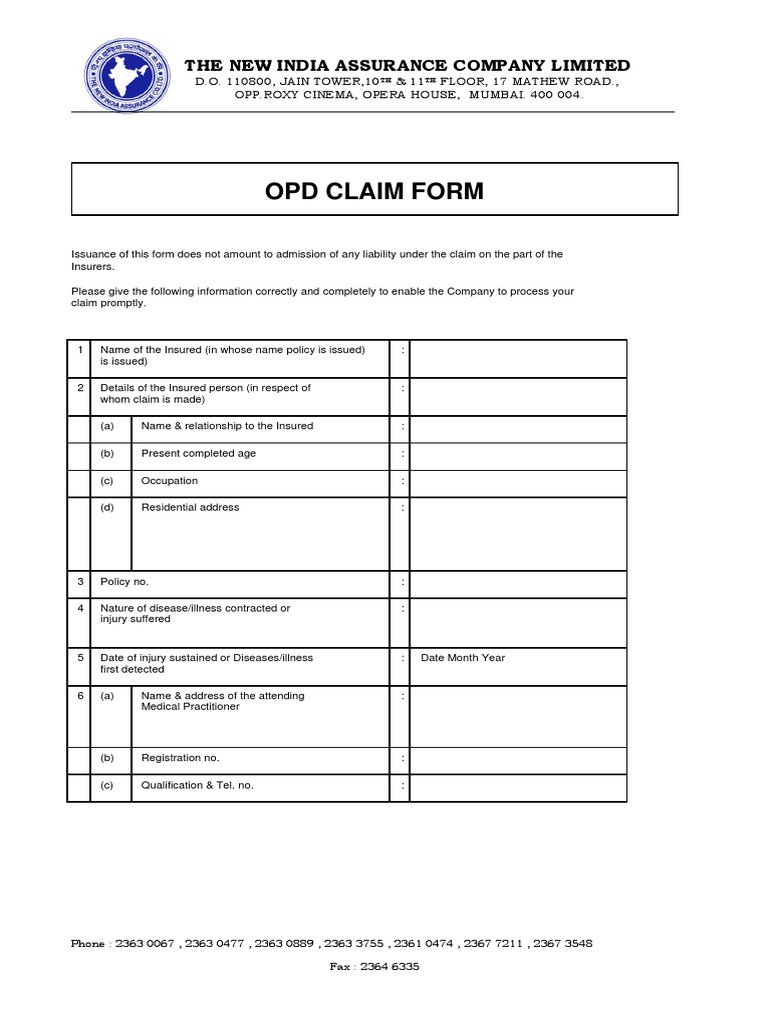 Opd Claim Form: The New India Assurance Company Limited | PDF ...