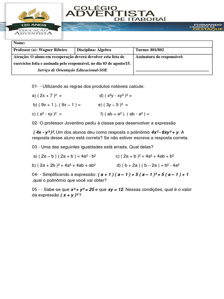 WAGNER Algebra 8 Ano 2 Bimestre Revis Úo | PDF