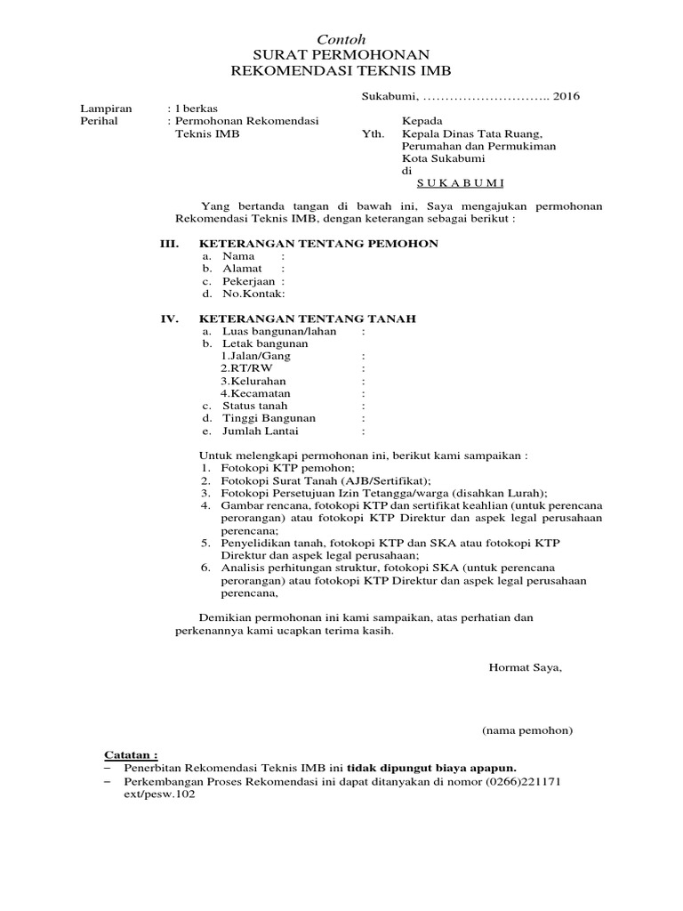 Contoh Surat Permohonan Rekomendasi Teknis Imb | PDF
