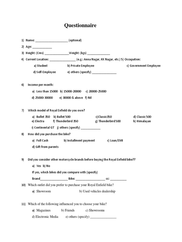 Questionnaire | PDF | Motorcycle | Business