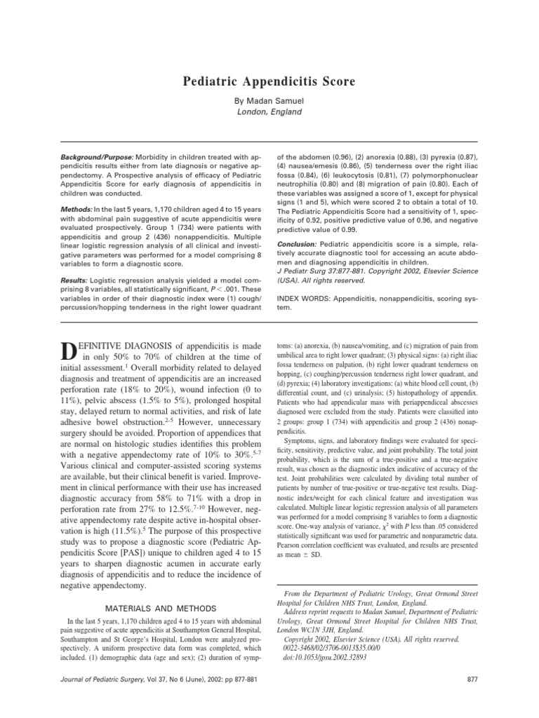 Pediatric Appendicitis Score: by Madan Samuel | PDF | Medical ...