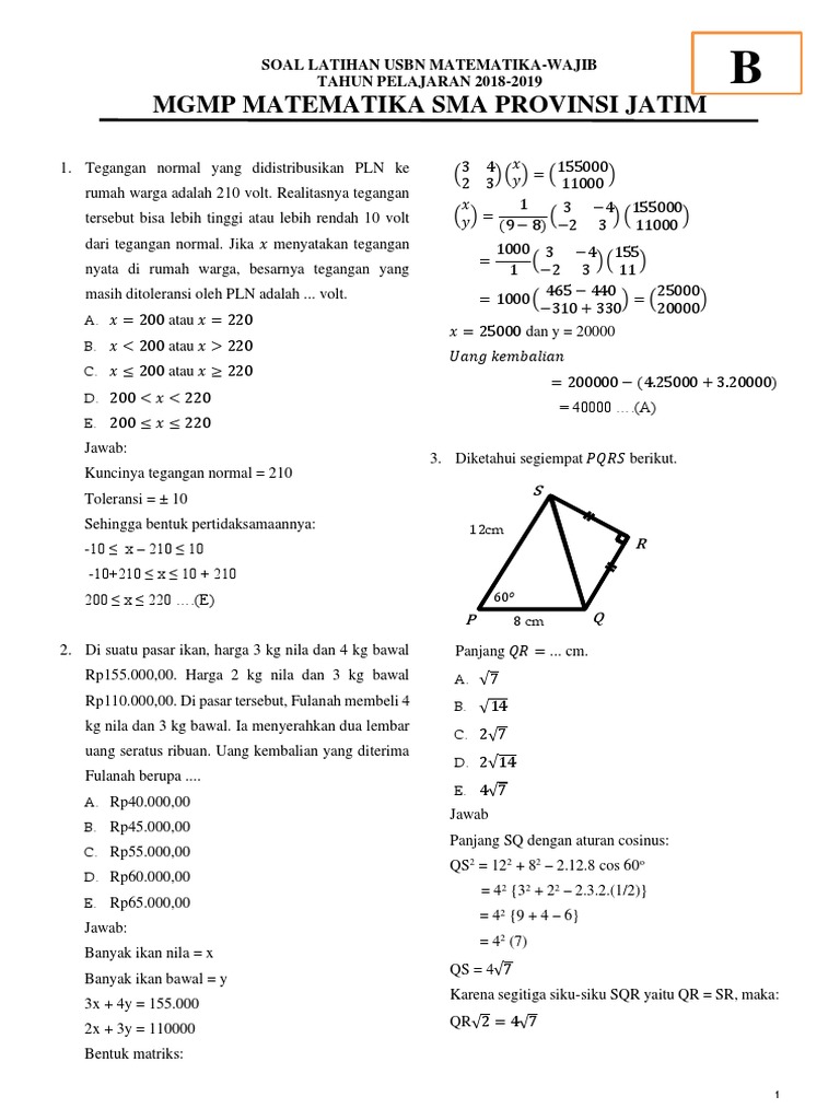 Pembahasan Latihan Soal Usbn Mat Wajib Th. 2018-2019 (B) | PDF