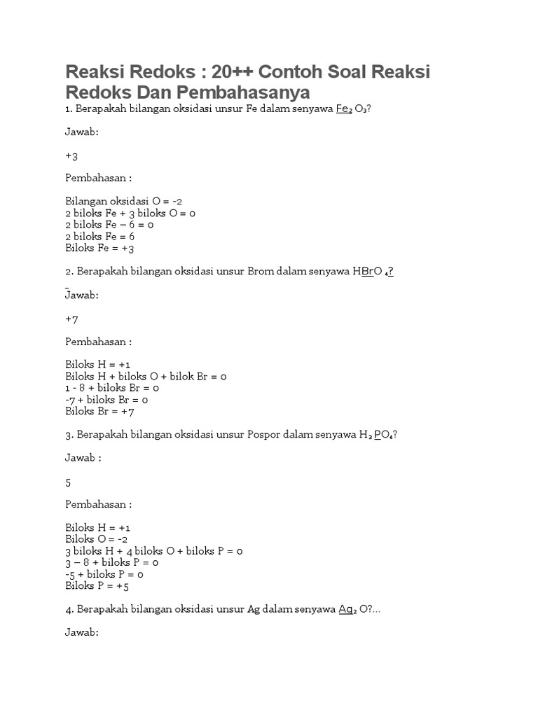 20 Contoh Soal Reaksi Redoks Dan Pembahasanya (Penting) | PDF