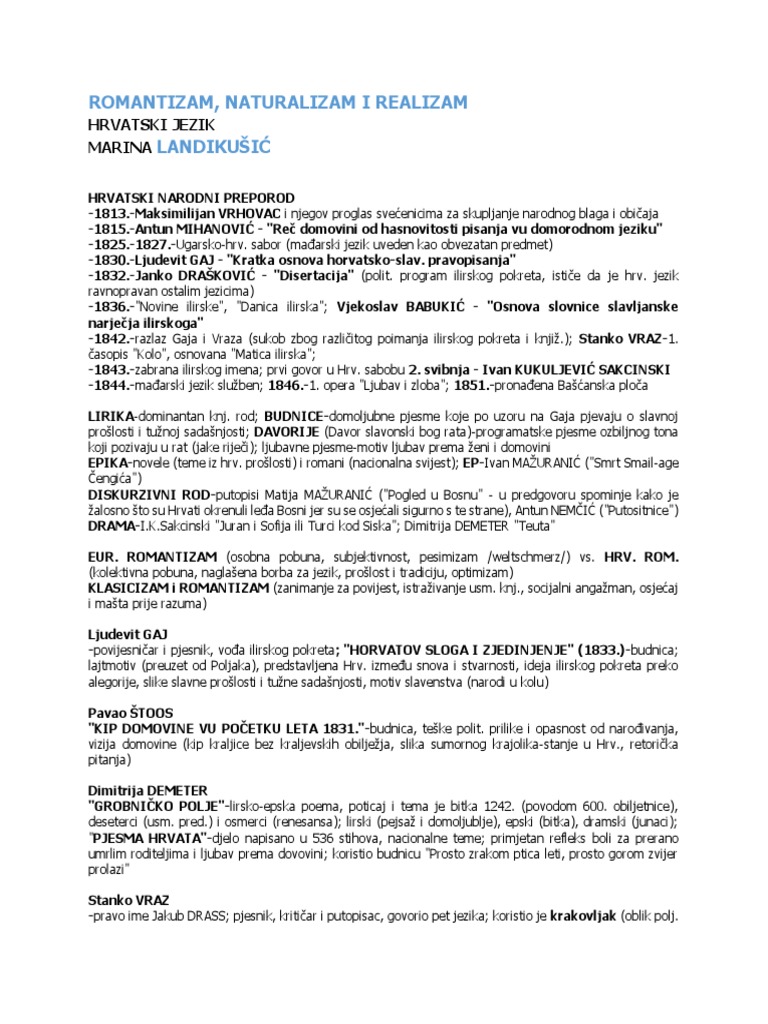 HRVATSKI JEZIK Romantizam, Naturalizam I Realizam | PDF