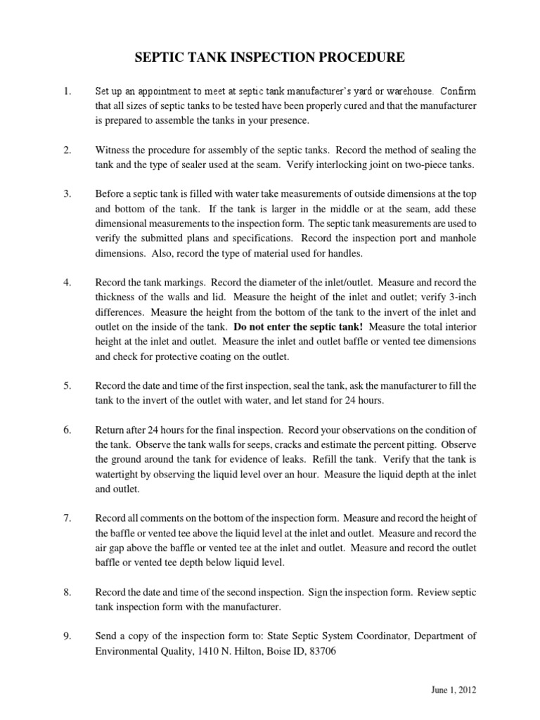 Septic Tank Inspection Procedure 0612 | PDF | Septic Tank | Building ...
