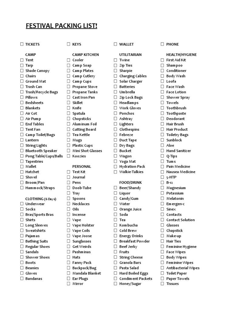 Festival Packing Checklist | PDF | Hygiene | Clothing