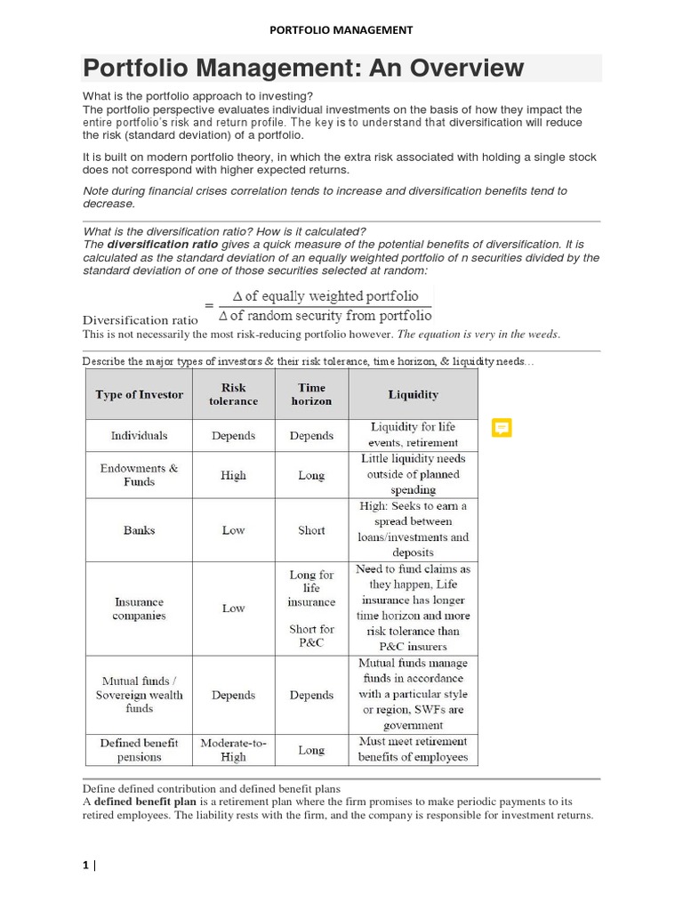 Portfolio Management: An Overview: Diversification Ratio | PDF | Margin ...