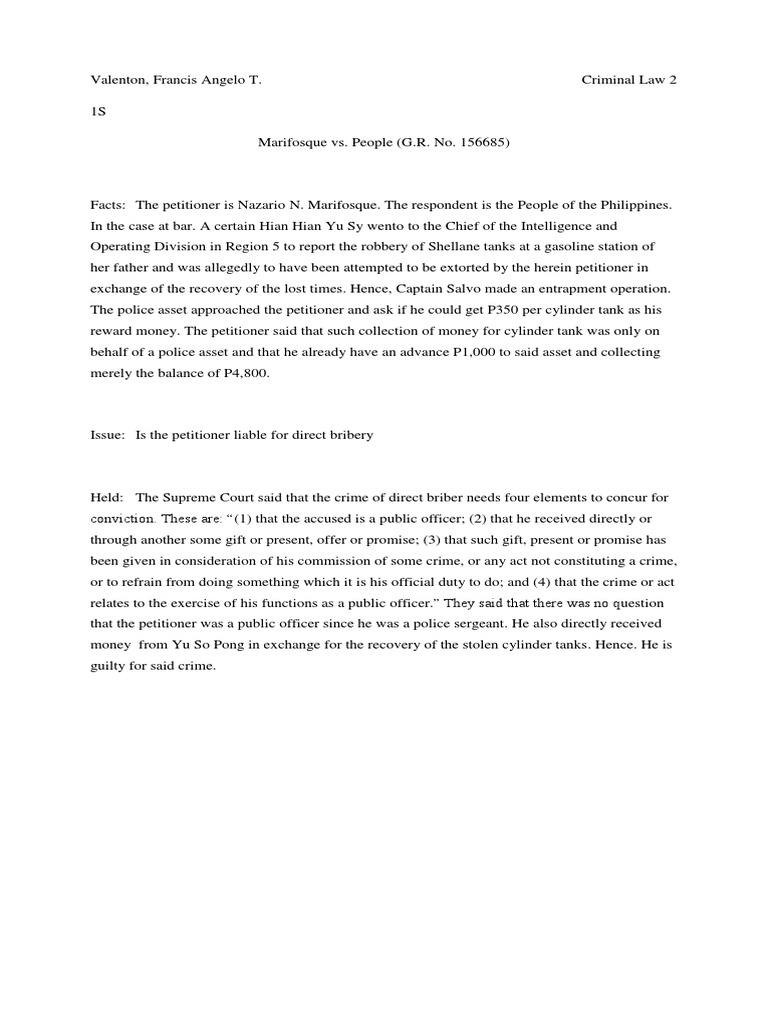 Marifosque v. People: Direct Bribery Case | PDF | Social Science