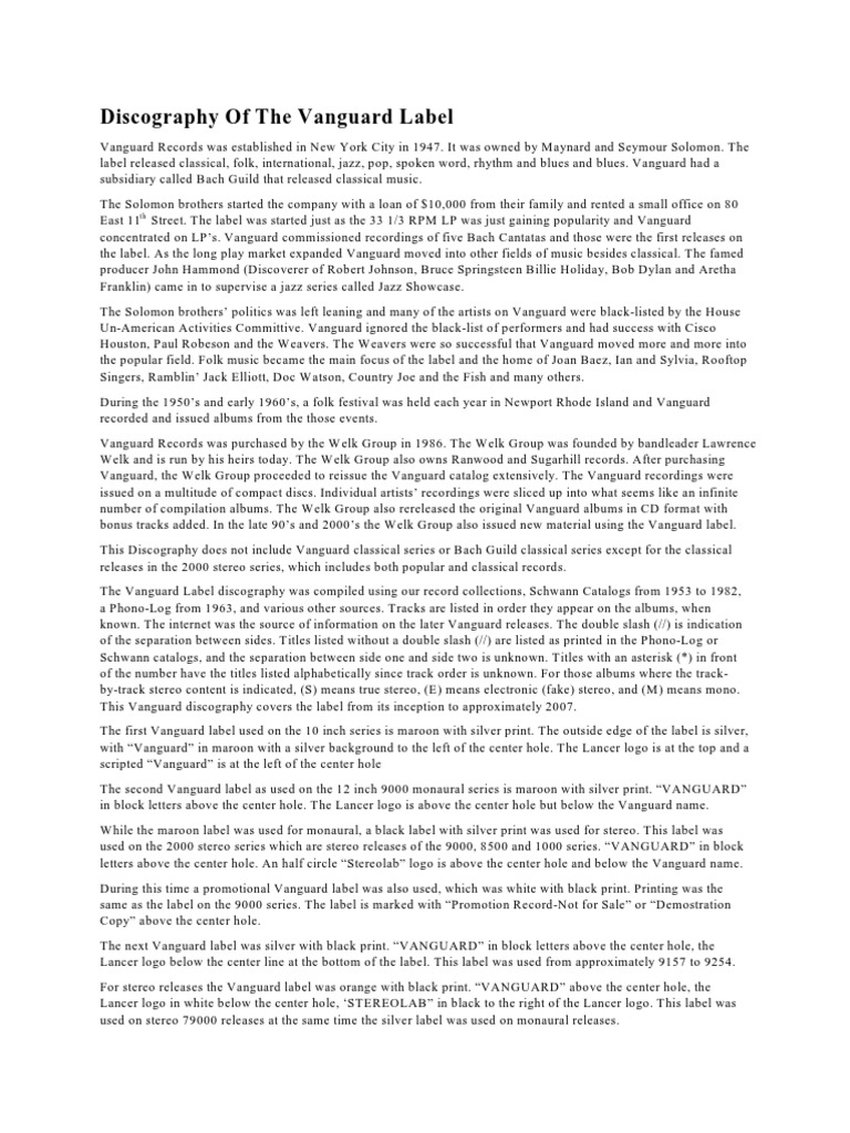 A Comprehensive Discography of Recordings Released on the Historic ...