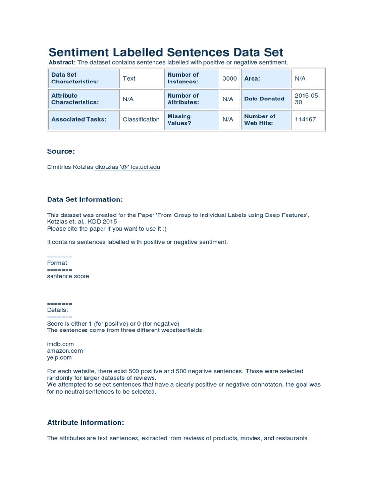 Sentiment Labelled Sentences Data Set | PDF | Computer Data | Data