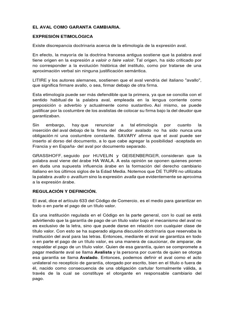 Aval como Garantía Cambiaria: Definición y Naturaleza | PDF | Garantía