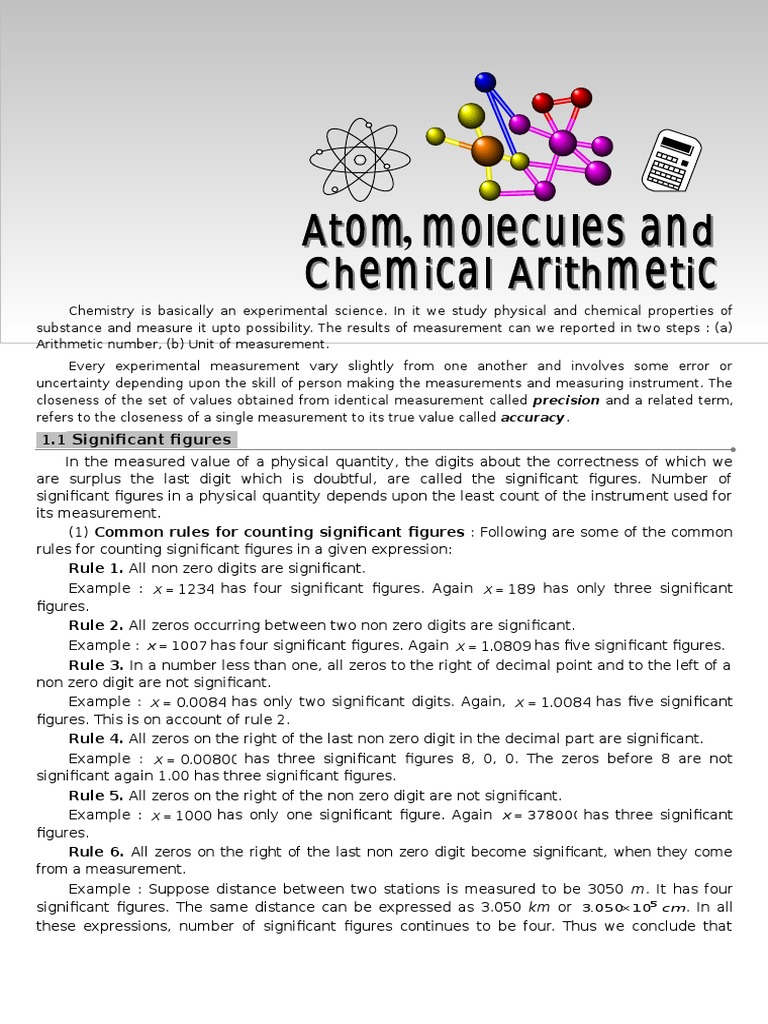 Atom, Molecules & Chemical Arithmetic Guide | PDF | Mole (Unit) | Significant Figures