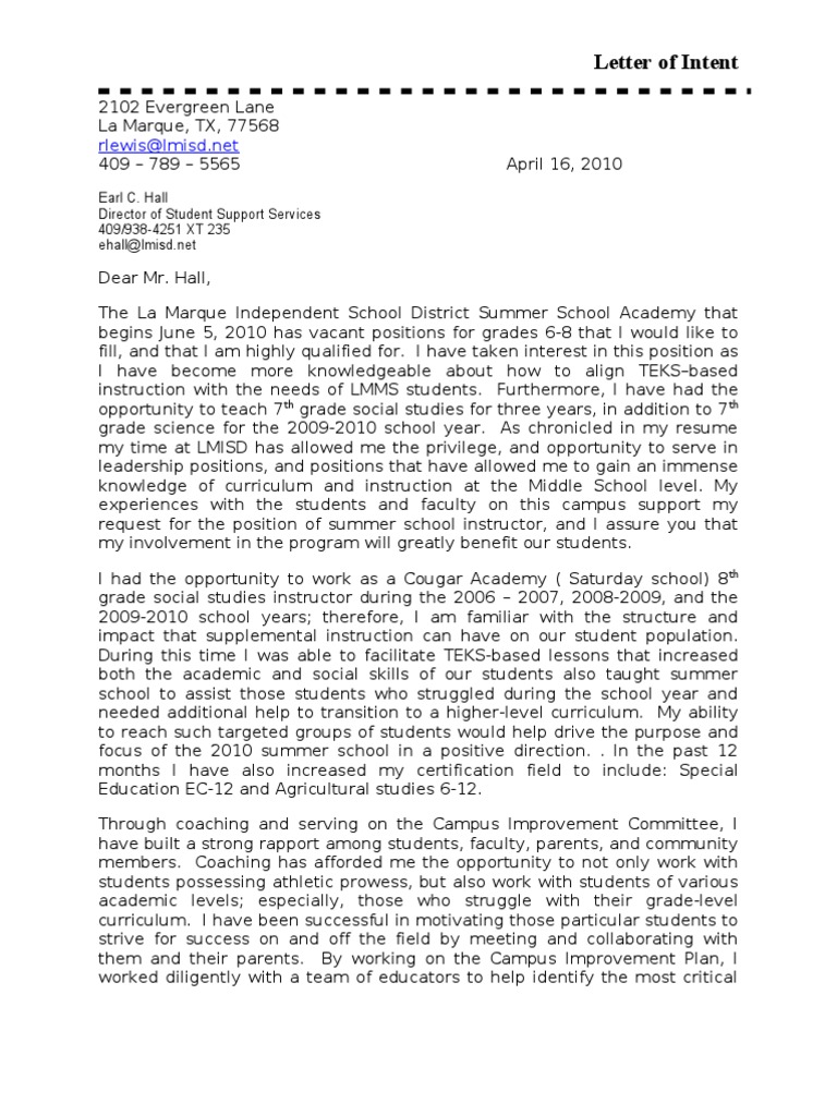 Letter of Intent Summer School | Curriculum | Education Theory