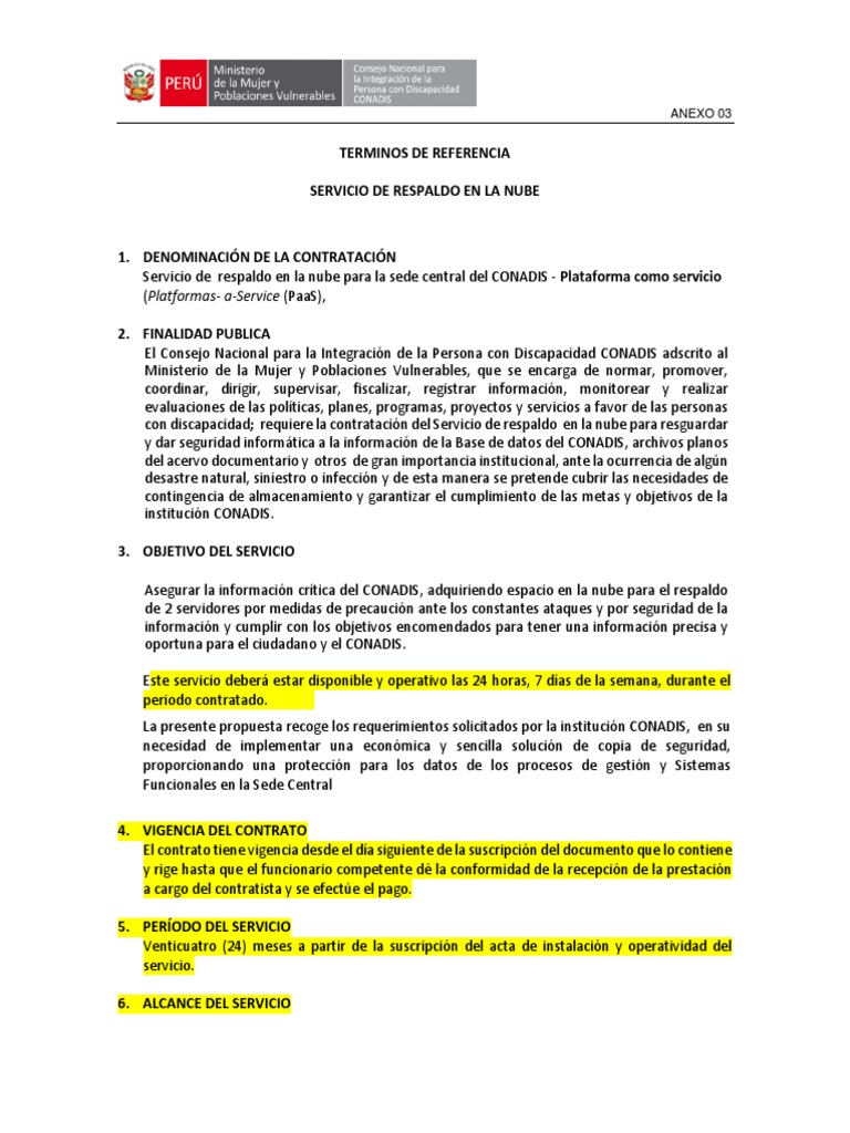 Formato de TDR Servicio A La Nube | PDF | Computación en la nube | La ...