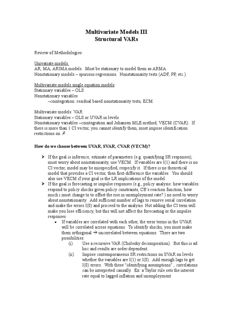 Multivariate Models Iii Structural Vars: How Do We Choose Between Uvar, Svar, Cvar (Vecm ...