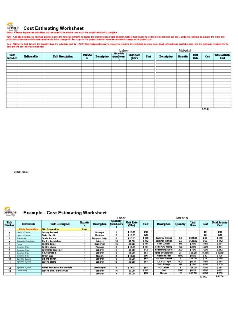 Cost Estimating Worksheet: Labor Material | PDF | Engineering | Civil ...
