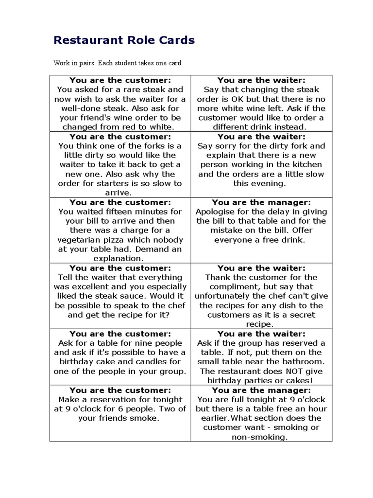 Restaurant Role Cards: Work in Pairs. Each Student Takes One Card | PDF ...