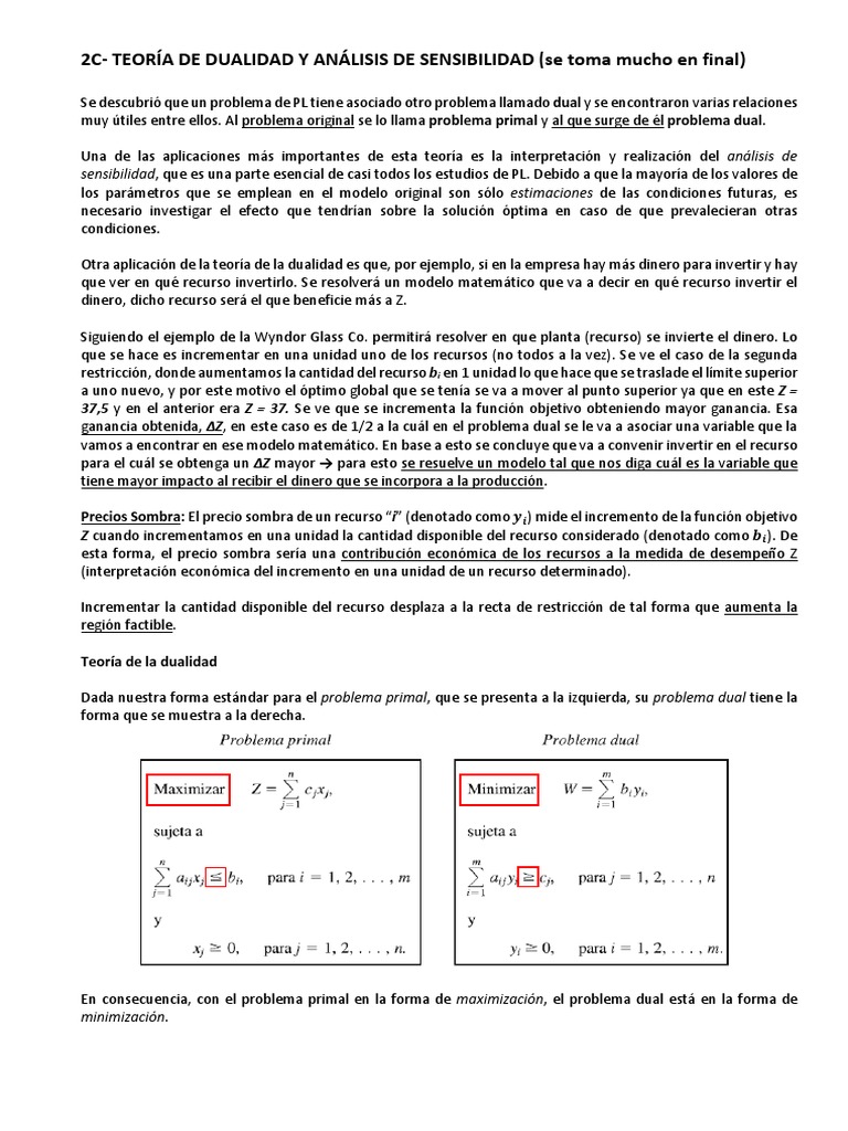 UNIDAD 2C - Teoría de Dualidad y Análisis de Sensibilidad | Descargar gratis PDF | Programación ...