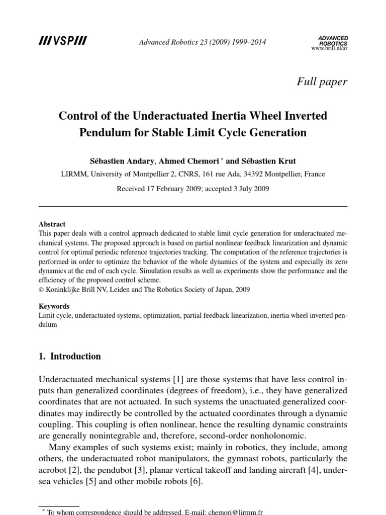 Control of The Underactuated Inertia Wheel Inverted Pendulum For Stable Limit Cycle Generation ...
