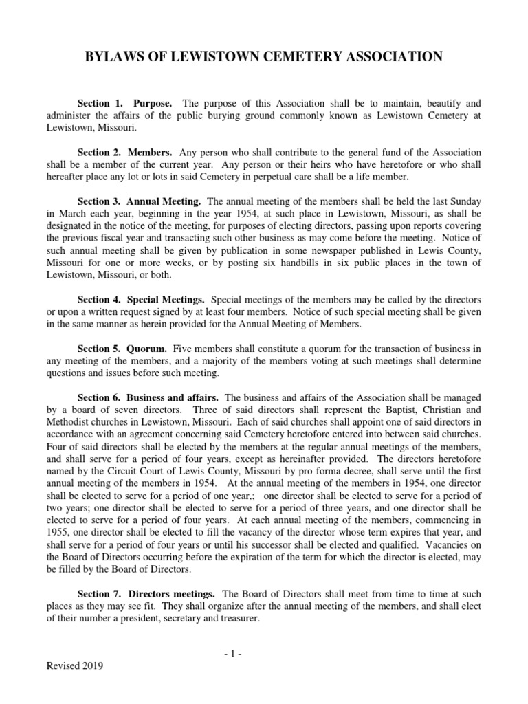 Bylaws of Lewistown Cemetery Revised 2013 | PDF | Cemetery | Board Of ...
