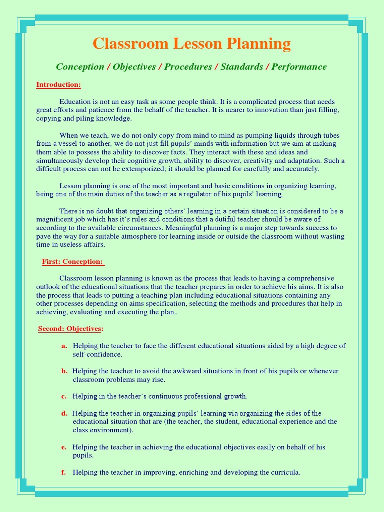 Classroom Lesson Planning: Conception Objectives Procedures Standards ...