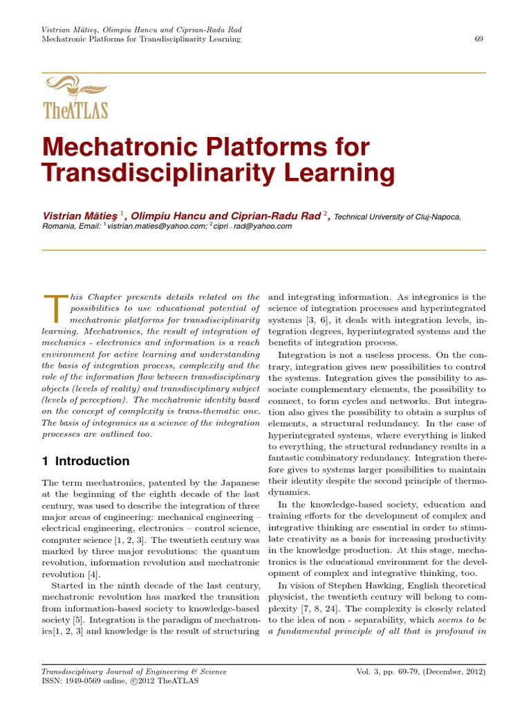 Mechatronic Platforms For Transdisciplinarity Learning: Vistrian M ...