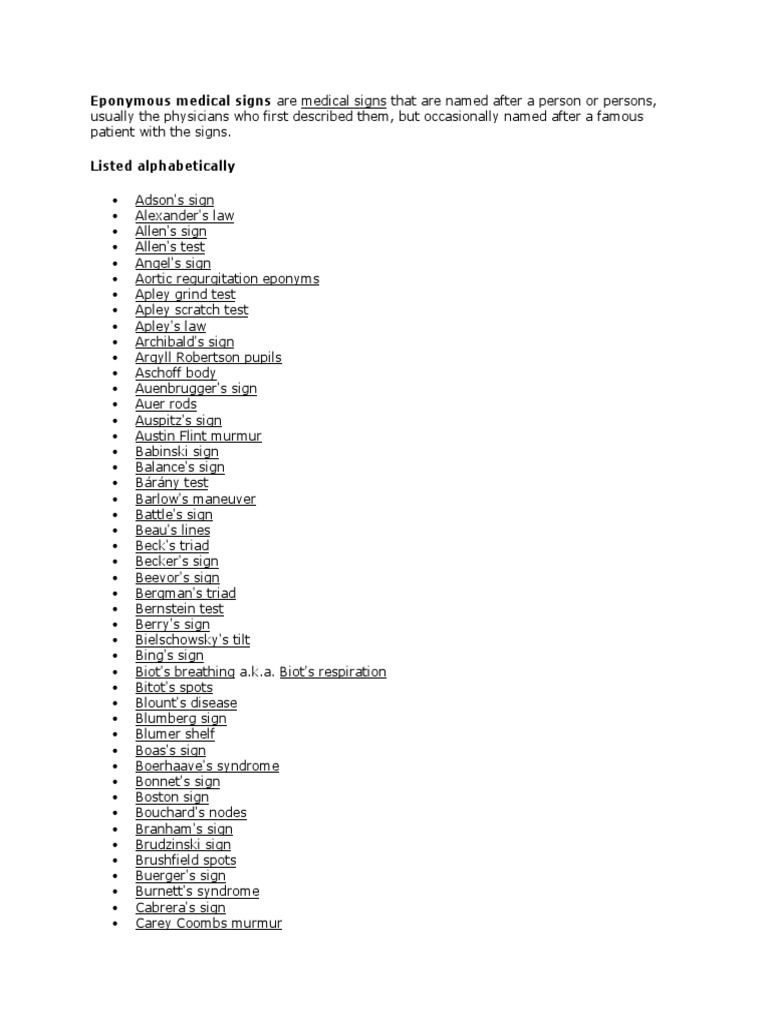 Eponymous Medical Signs | PDF | Symptoms And Signs | Medicine