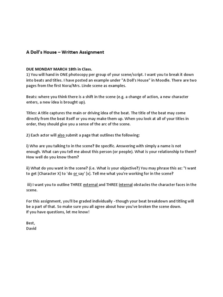 A Doll's House - Written Assignment: DUE MONDAY MARCH 18th in Class | PDF