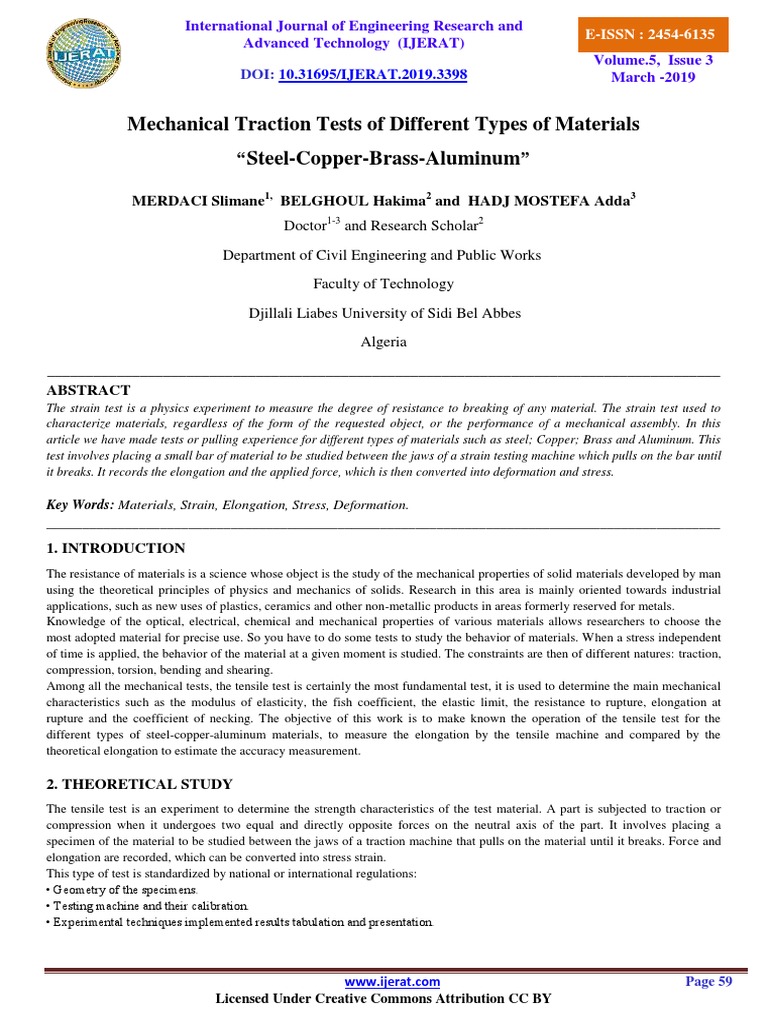 Mechanical Traction Tests of Different Types of Materials "Steel-Copper ...