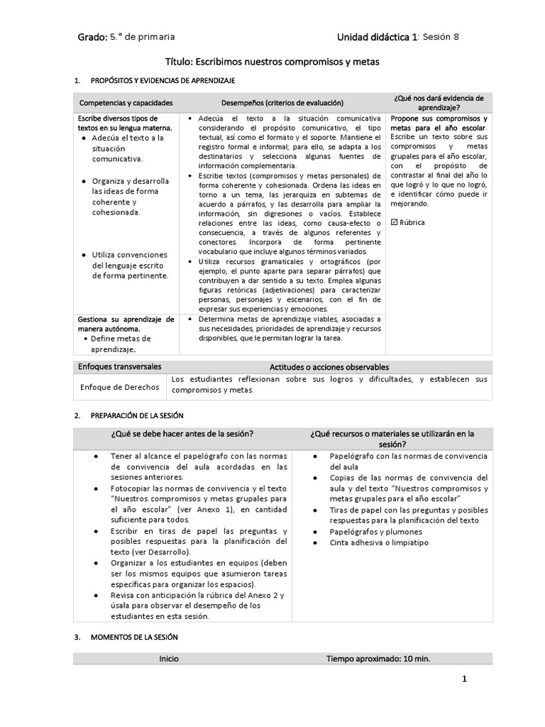 Quinto Grado U1 s8 | PDF | Escritura | Planificación