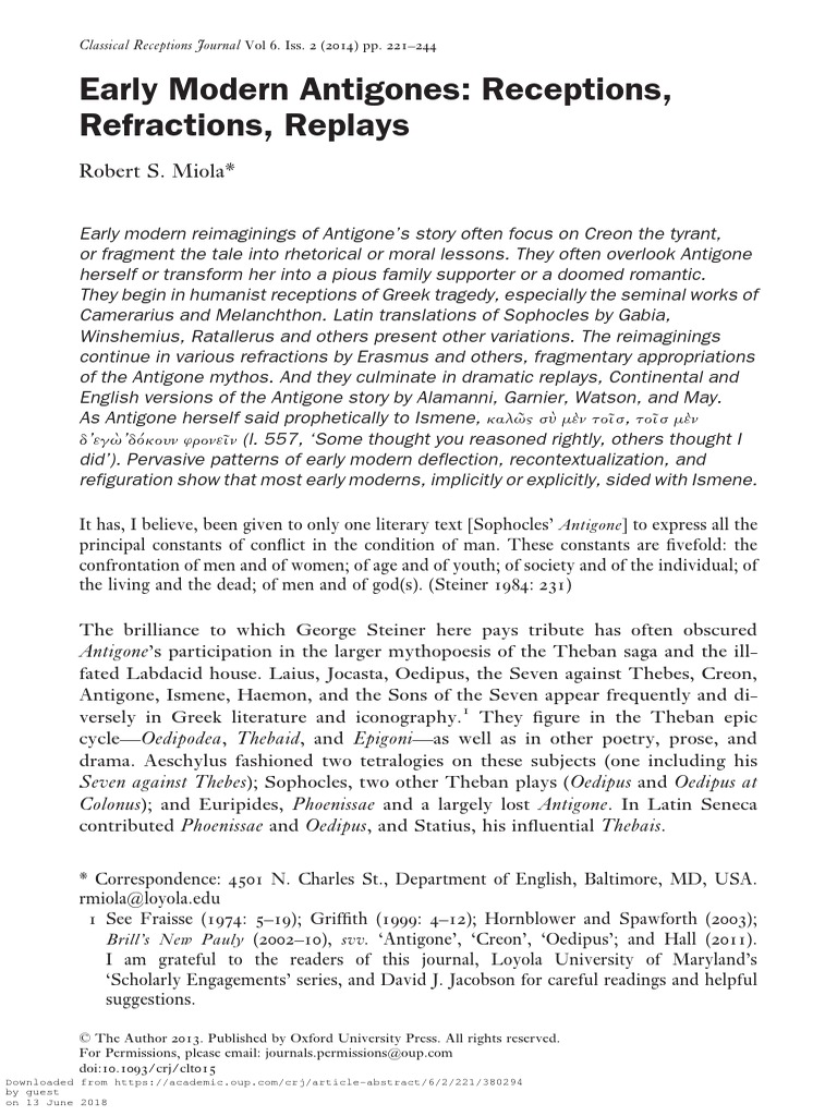 Early Modern Reimaginings of Antigone | PDF | Oedipus | Sophocles