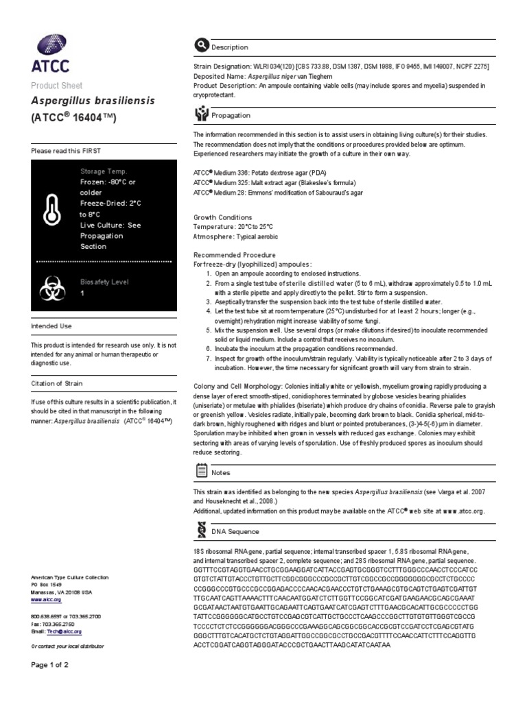 Aspergillus Brasiliensis: (Atcc 16404™) | PDF | Atcc (Company ...