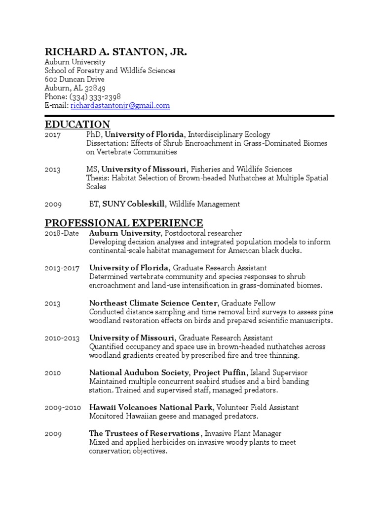 Stanton CV 20190326 | PDF | Ornithology | Ecology