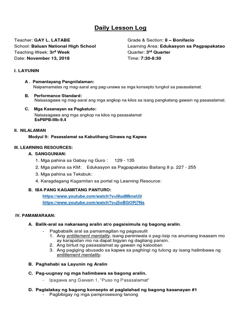DLP in Grade 8 EsP | PDF