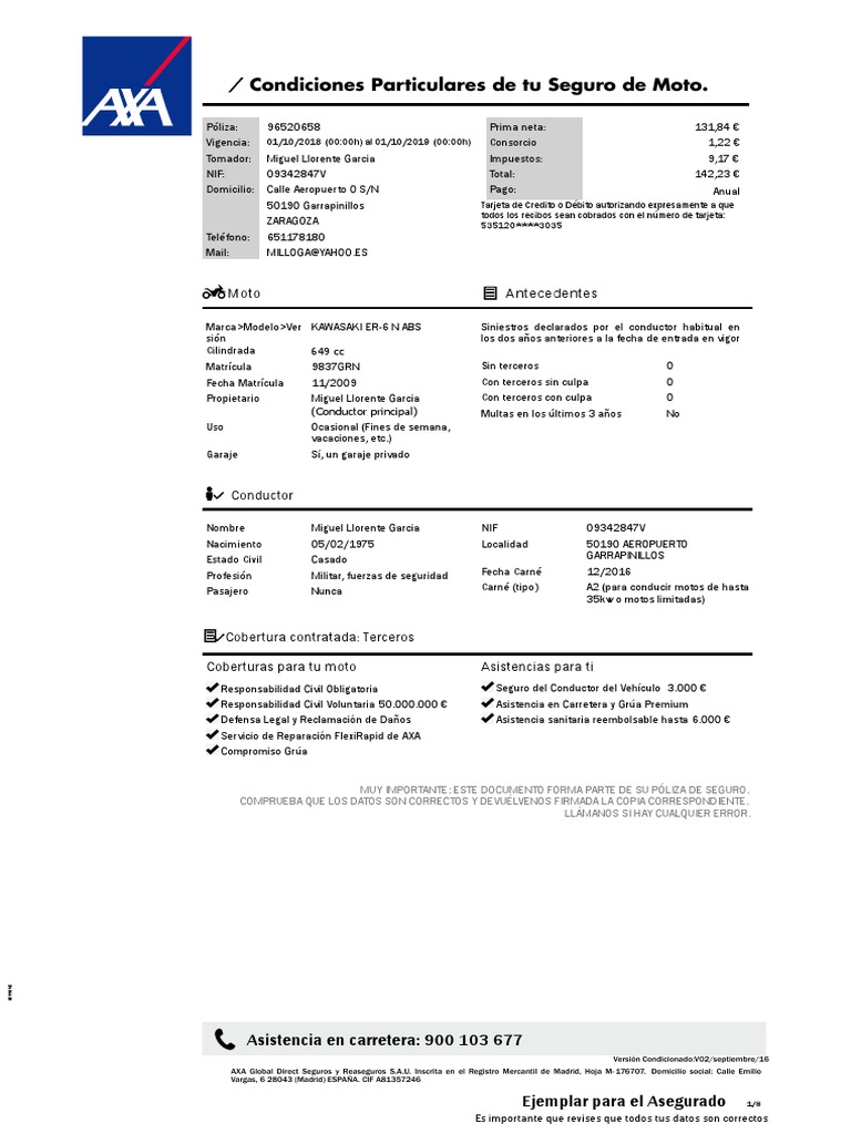 Condiciones del Seguro de Moto AXA | PDF | Póliza de seguros | Seguro