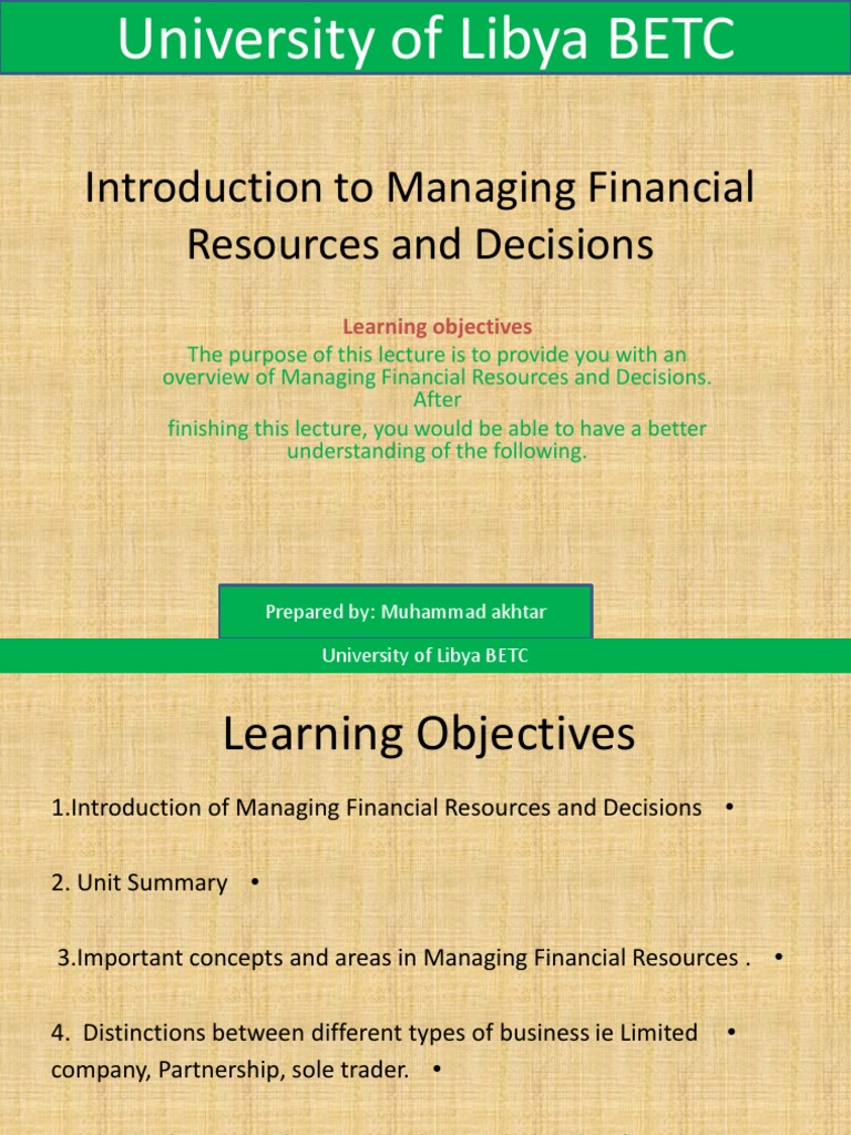 Introduction To Managing Financial Resources and Decisions Lecture 1 ...