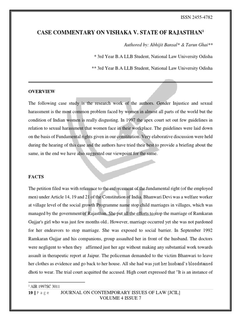 Case Commentary On Vishaka v. State of Rajasthan 3 | PDF | Sexual ...