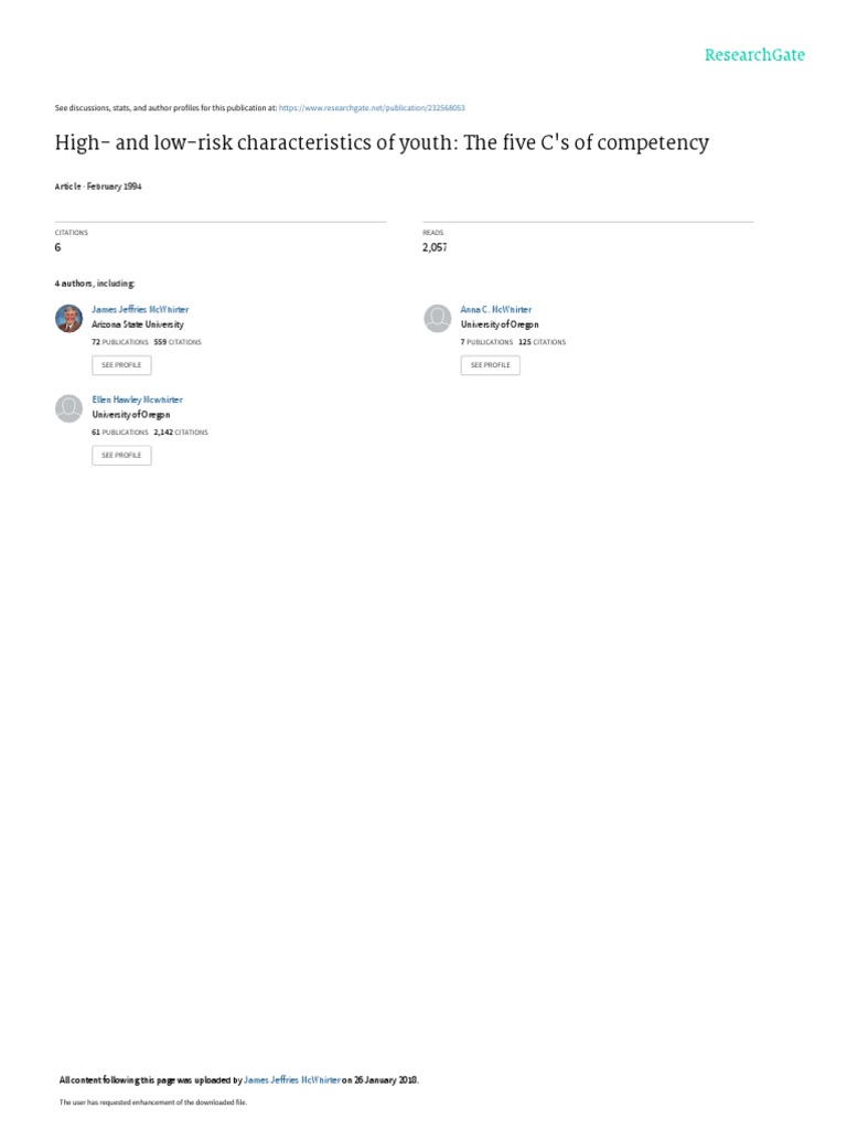 High-And Low-Risk Characteristics of Youth: The Five C's of Competency ...