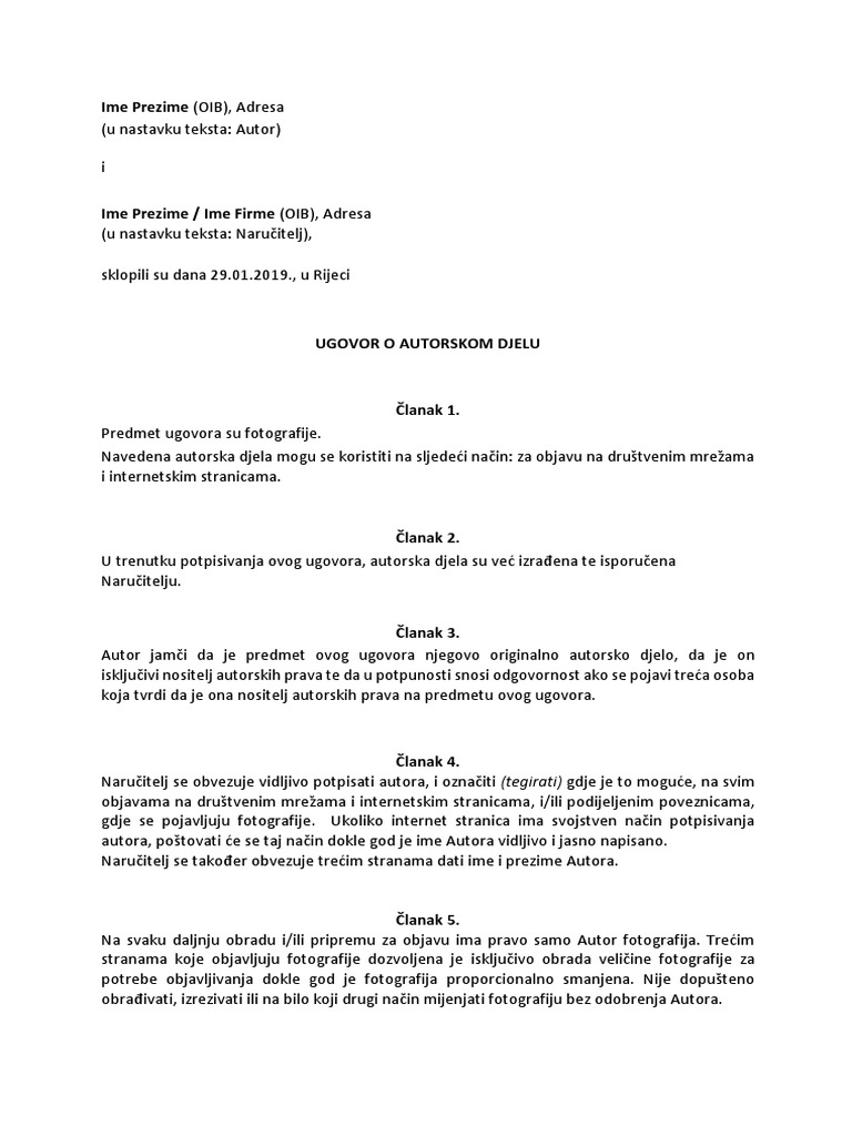 Primjer Ugovora o Autorskom Djelu Za Fotografije | PDF