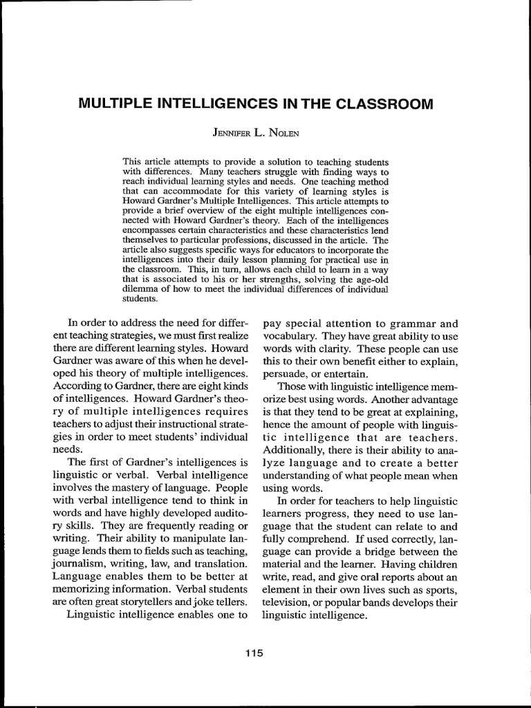 Multiple Intelligences Classroom PDF | PDF | Intelligence | Perception
